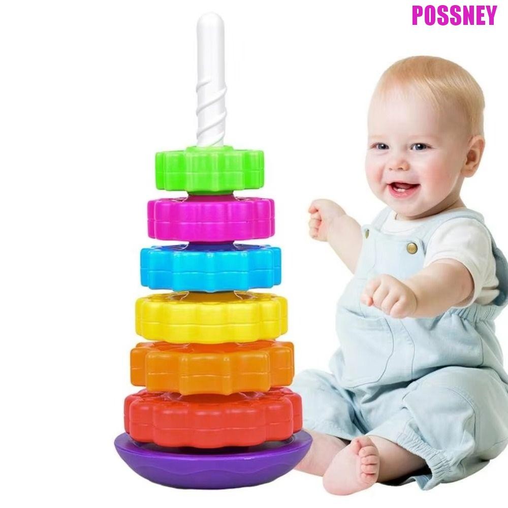 POSSNEY หมุน Rainbow Tower, Early Education Stackable Rainbow Spinning Stacking ของเล่น, Ferrule ...