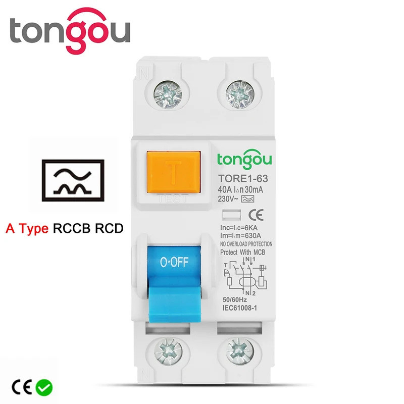 Tongou ประเภท A RCCB RCD 230V 2P 16A 63A 30mA 6KA Electromechanic Residual Current Circuit ...