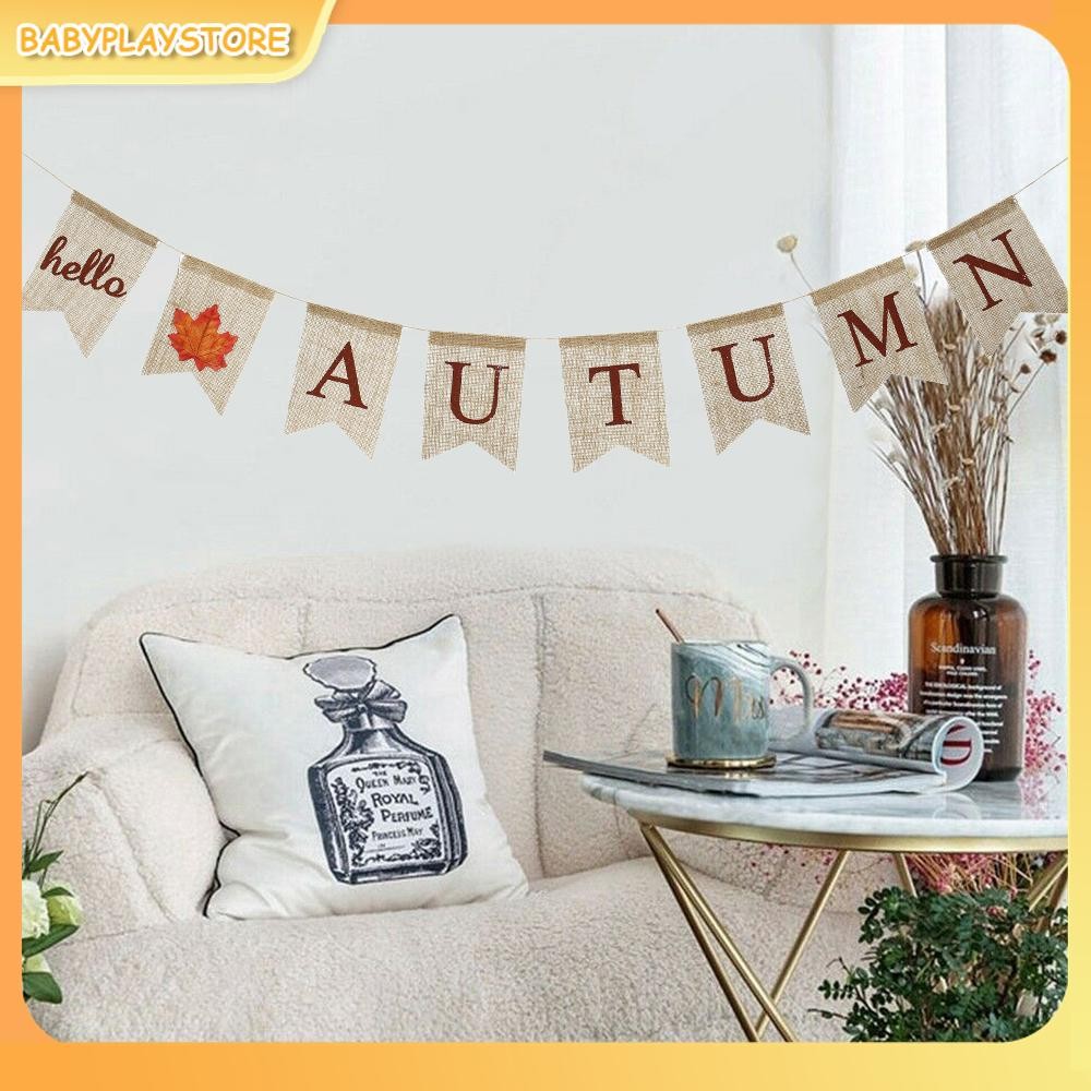 สวัสดีฤดูใบไม้ร่วง Burlap แบนเนอร์ Rustic Fall Garland แบนเนอร์ผ้าลินิน ...