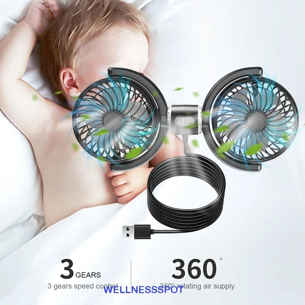 พัดลมเบาะรถยนต์ WELLNESSSPOT 360° พัดลมติดรถยนต์แบบหัวคู่แบบหมุนได้หลายความเร็ว, พัดลมไฟฟ้าสีดํา ...