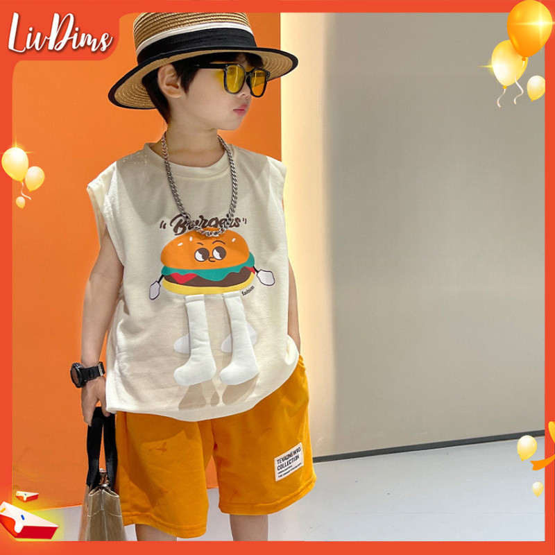 Liv Dims🌸ชุดเสื้อกั๊กแขนกุดลายการ์ตูนเบอร์เกอร์สำหรับเด็กผู้ชาย ...