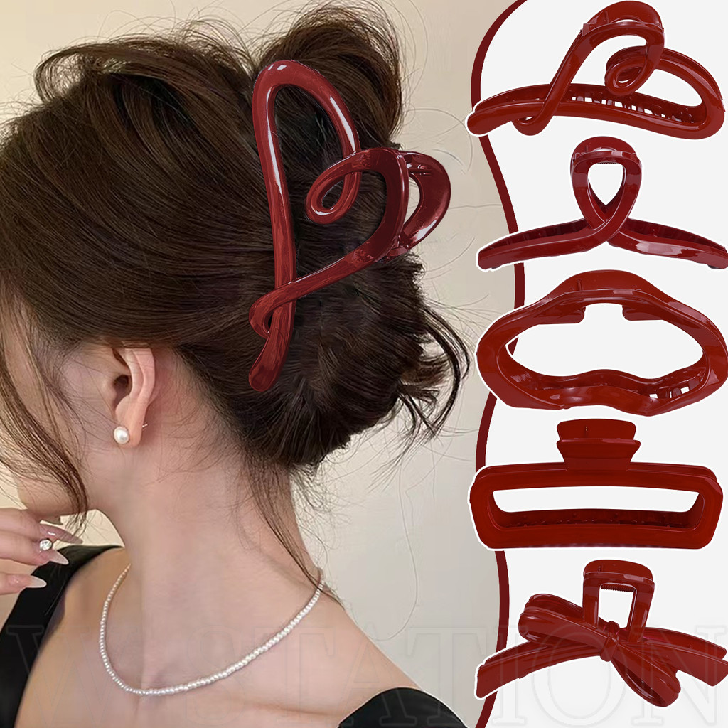 1/2/3pc Vintage Red Hair Claw - Ankela Red Large Geometric Shark Clips ...