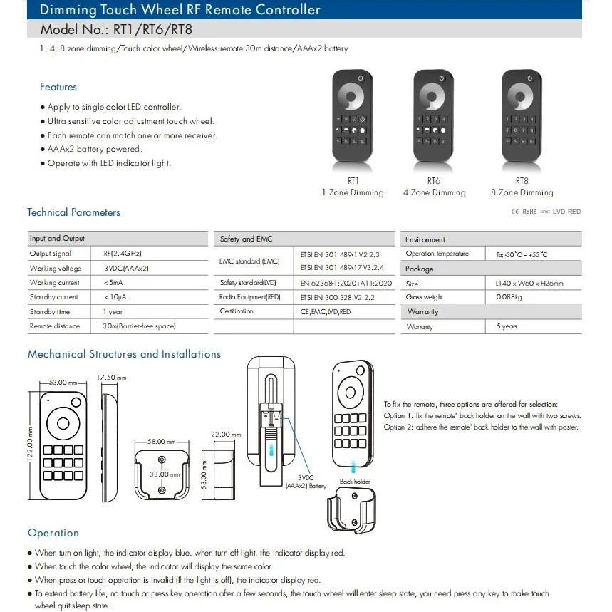 Wz1 Tuya LED Controller ZigBee 2CH*5A ไร้สาย RF Dimmer RT1 RT2 TW1 TW2 แผง Controller DC12-24V ...
