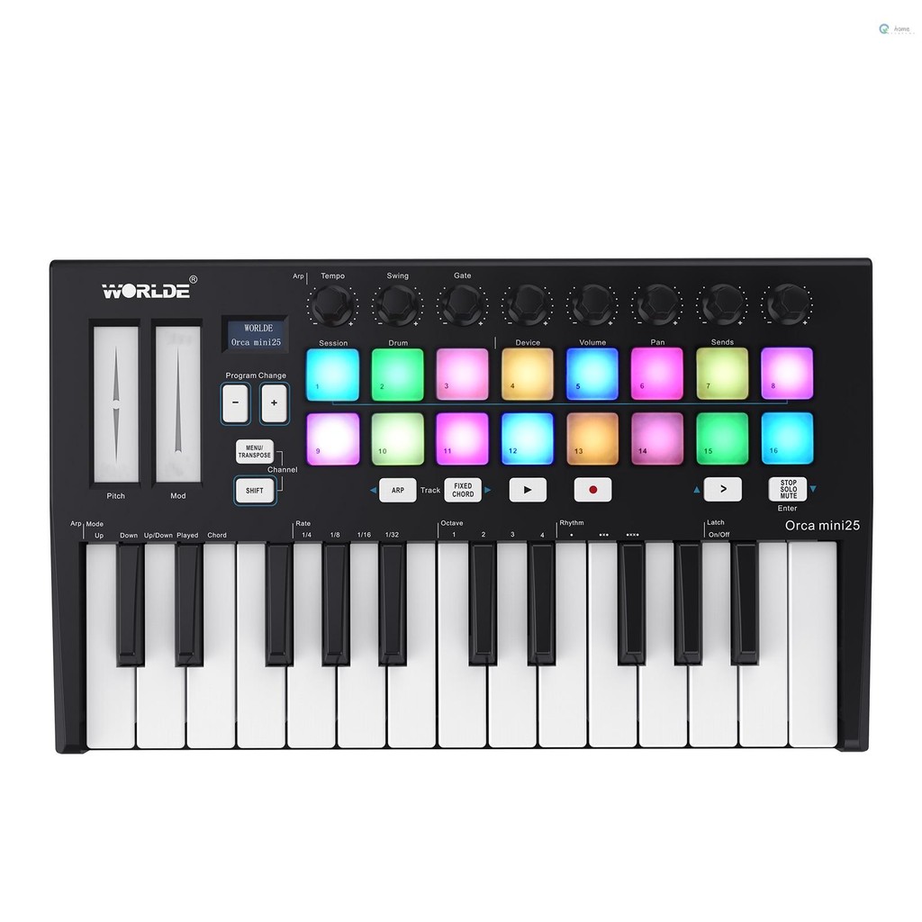 Worlde Orca mini25 ตัวควบคุมคีย์บอร์ด USB MIDI 25 คีย์แบบพกพาพร้อมแผ่นท ...