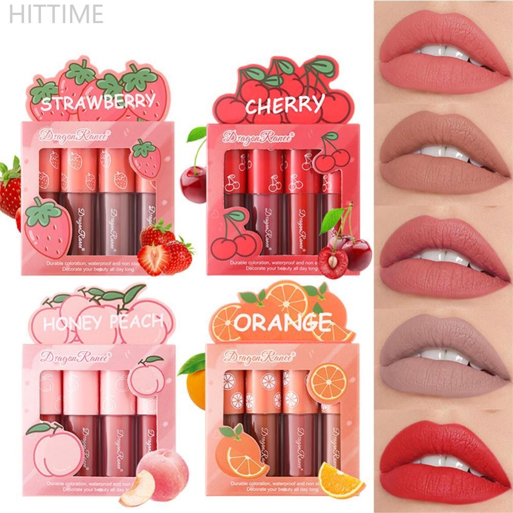Hittime 4 ชิ้น/เซ็ต Mini Matte Lip Glaze ชุด Non-Fade Non-Stick ผลไม้ลิปกลอส Liquid ลิปสติก K6M5 ...