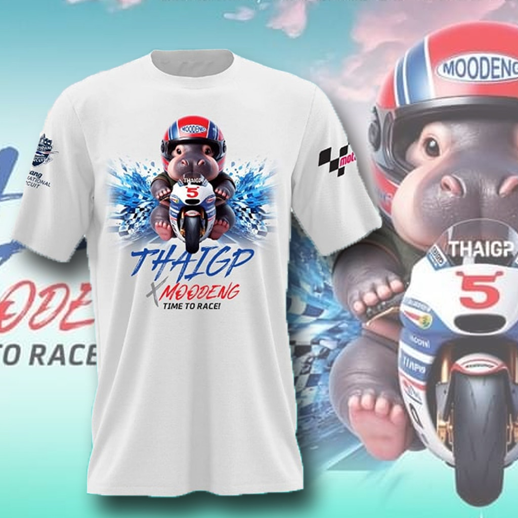ThaiGP x MOODENG เสื้อยืดสีขาวชายและหญิงแข่งรถจักรยานยนต์เสื้อยืดแขน ...