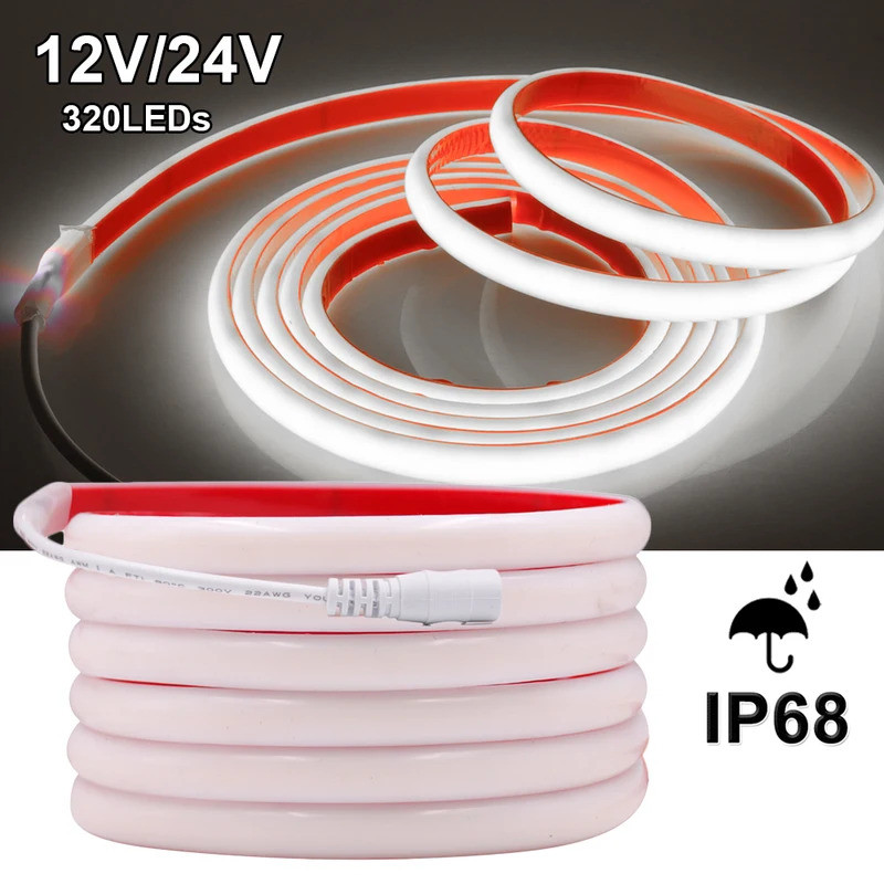 IP68กันน้ำ cob LED Strip Neon Light 12V 24V 320 leds/m เทปริบบิ้น ...