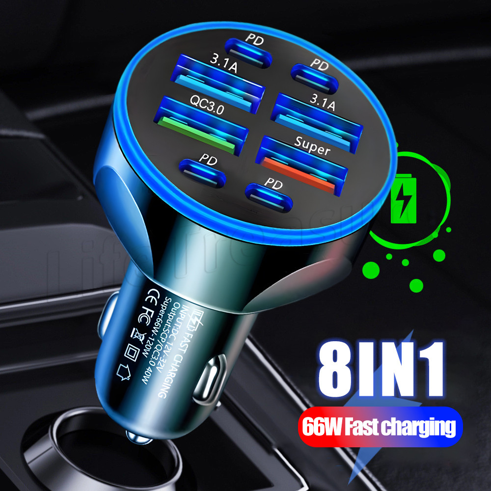 ที่ชาร์จในรถยนต์ 8 In 1 - เครื่องชาร์จ 3.0 ชาร์จเร็ว 66W - อะแดปเตอร์ ...
