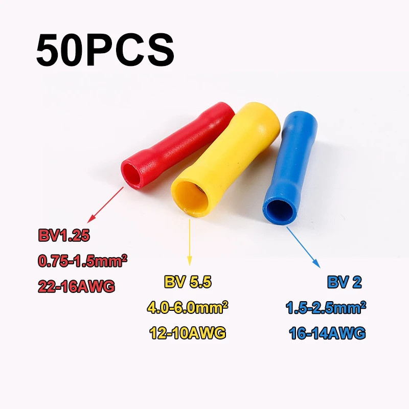 50 ชิ้นฉนวนตรงก้นลวด Terminal Splice Crimp PVC ฉนวนท่อทองแดง Cold Press สาย Connecter BV1.25 BV2 ...