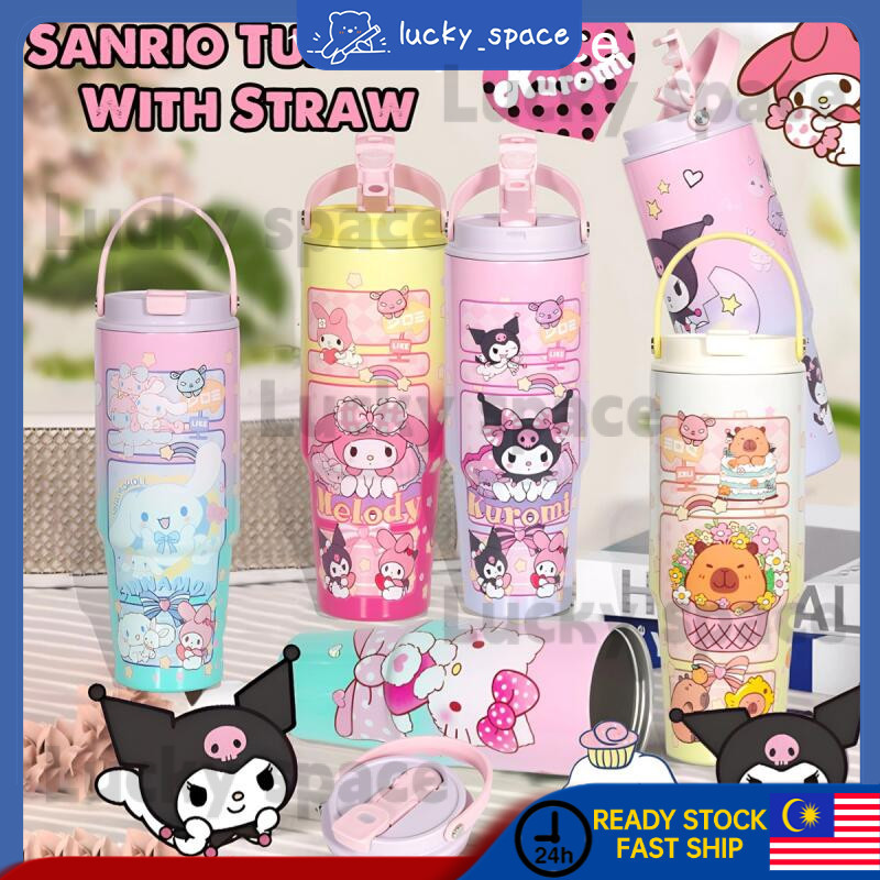 890ML Sanrio Tumbler Kuromi น่ารักฟางและจับ Cinnamoroll Melody Capybara 30oz 304 สแตนเลสฉนวน ...