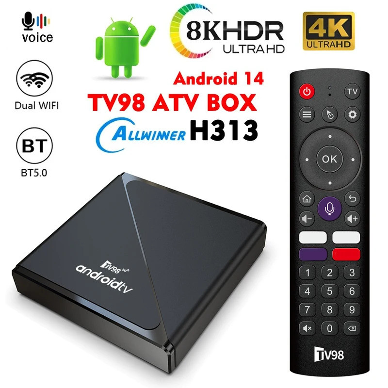 กล่องทีวี TV98 ATV Pro แอนดรอยด์14 8K 4K 5G 4G BT5.0 WIFI คู่ ALLWINNER H313 Voice REMOTE 2GB ...