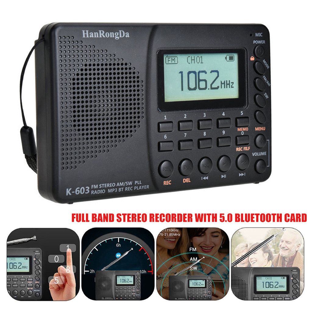 K-603 วิทยุชุดวิทยุแบบพกพา AM/FM/SW/BT/TF กระเป๋าวิทยุ USB MP3 Digital Recorder รองรับ TF Card ...