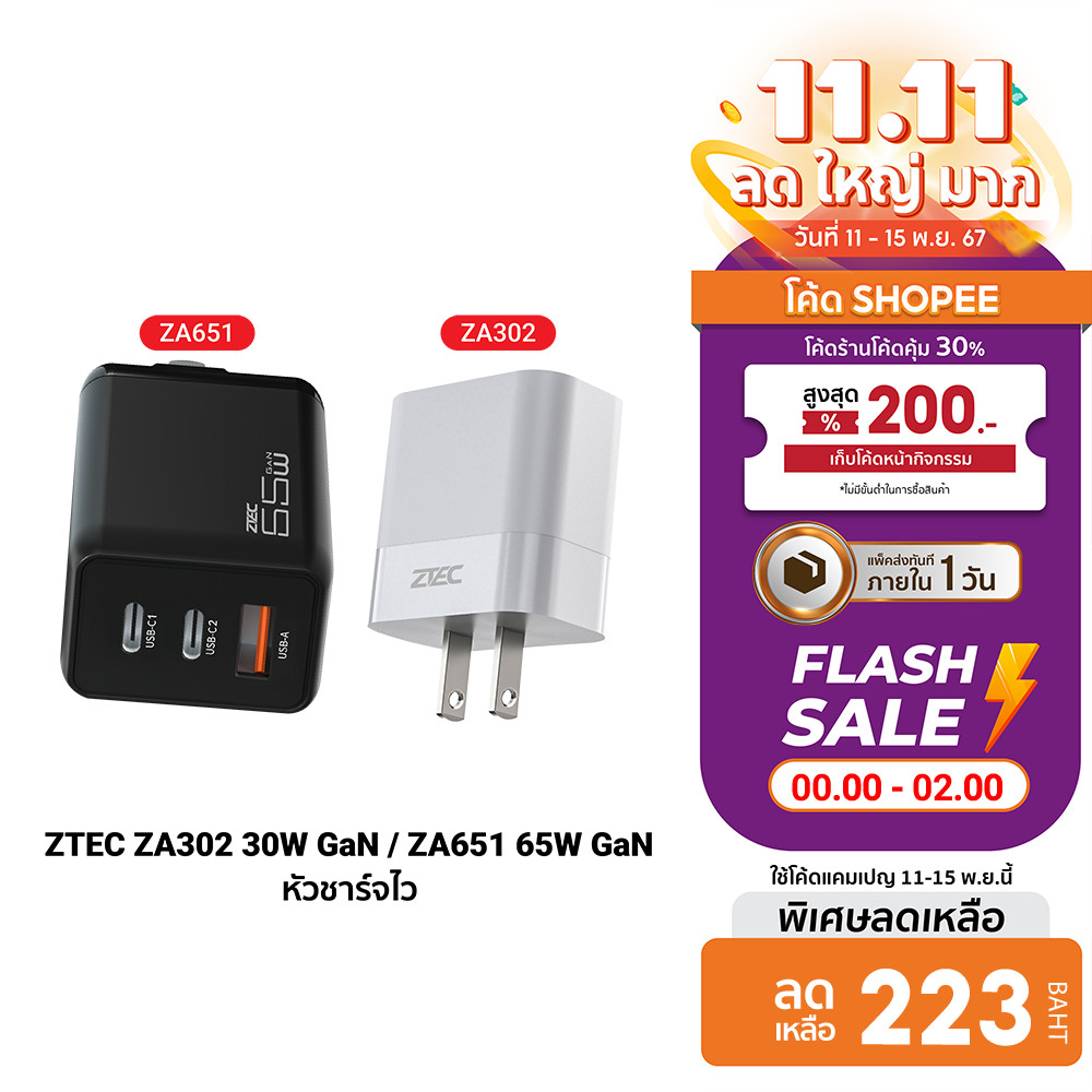[ลดเหลือ 223] ZTEC ZA302 30W GaN / ZA651 65W GaN หัวชาร์จ จ่ายไฟแรง ...