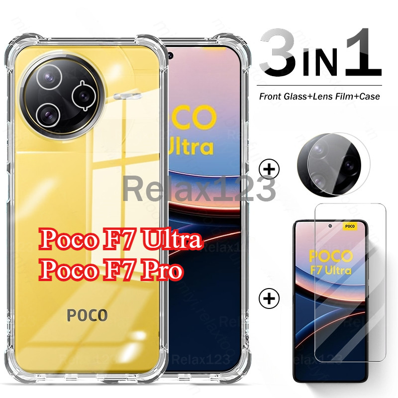 3in1 TPU นุ่มปกหลังสําหรับ Xiaomi Poco F7 Ultra 5G ปลอกป้องกันกระจก Poco F7 Pro กล้องป้องกันหน้า ...