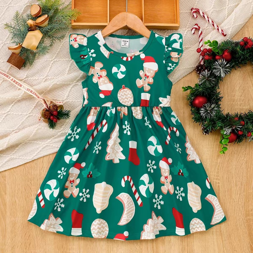 4-7 ปี Baby & Kid Girl Christmas Ruffle แขนกุด Santa Claus พิมพ์ชุด ...