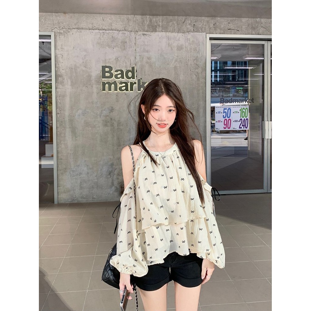ฟรีช หวาน เสื้อเชิ้ตแขนยาวลายดอกไม้โบว์น็อต แขนหลุด ฤดูใบไม้ผลิ ใหม่ ลด ...