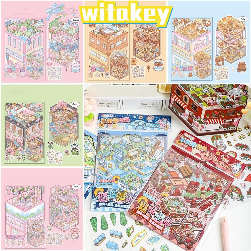 สติกเกอร์ภูมิทัศน์ WITAKEY, สติกเกอร์ซ้อนภาพ PET Triple Fold, ภาพการ์ตูน Kawaii ซ้อน DIY ...