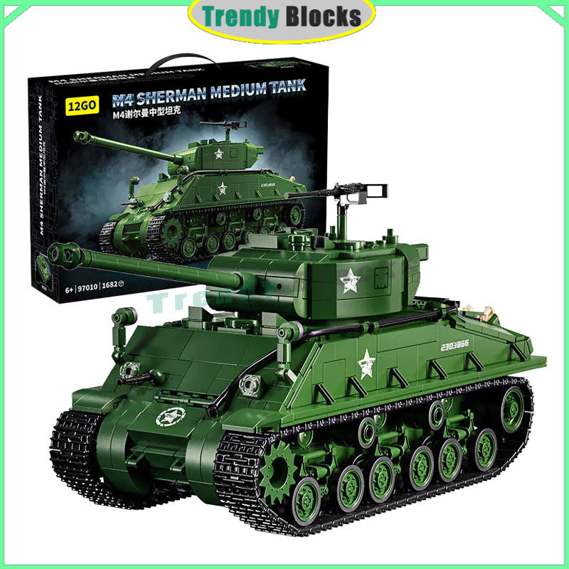 12go,97010,wwii M4 Sherman Medium Tank Building Blocks ถังของเล่น ...