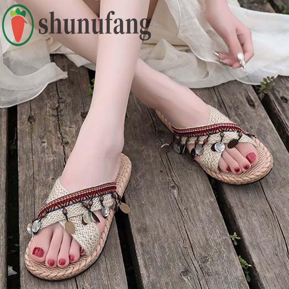 UNUF Straw Flip Flops,พู่สไตล์โบฮีเมียนสไตล์ชาติพันธุ์รองเท้าแตะ ...