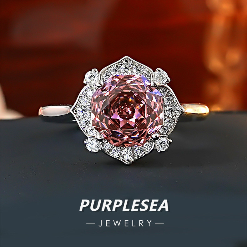 แหวนRose Diamond สไตล์หรูหราสำหรับผู้หญิง ปรับได้อัญมณีสีชมพู ฝังเพชร ...