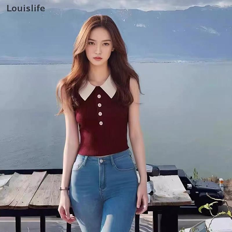 LLPH ผู้หญิงเกาหลีอารมณ์คมชัดสีปกปุ่มแขนกุดบางถักเสื้อกั๊ก แอลพีพี | Shopee Thailand