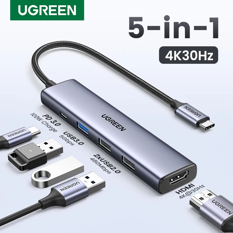 Ugreen Usb C Hub 4K HDMI 5 in 1 Usb Hub 100W USbC อะแดปเตอร์มัลติฟังก์ชั่นสําหรับ MacBook Pro ...