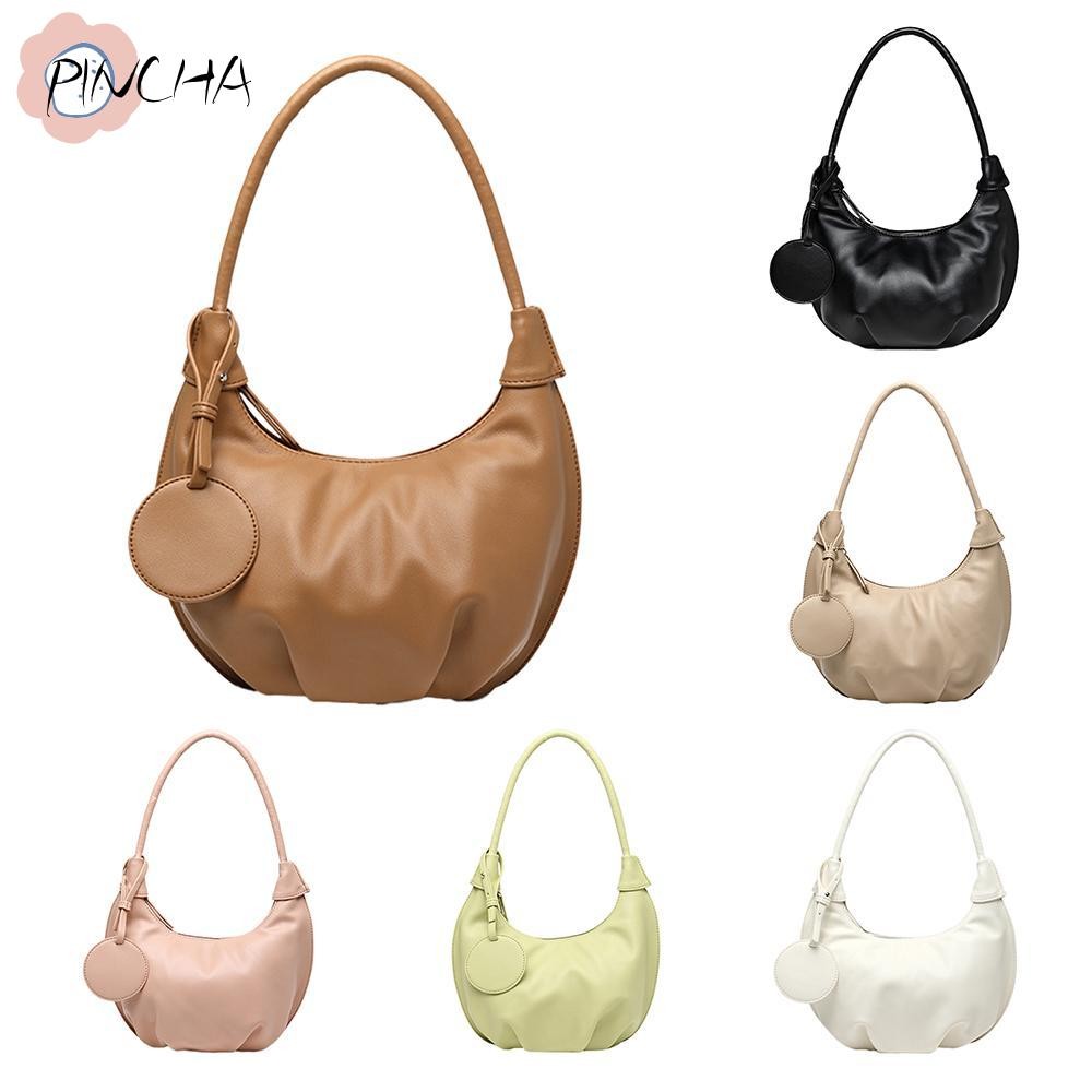 Pincha Ruched Tote Bag สไตล์ลําลองพร้อมจี้ใต้วงแขนกระเป๋า, หนัง PU นุ่ม ...