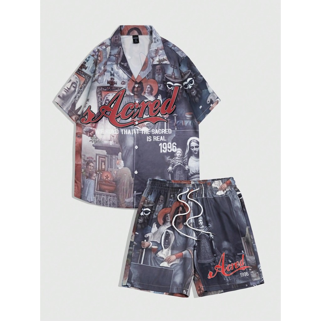 Street Life 2 ชิ้นผู้ชาย Casual Vintage ภาพวาดแขนสั้นและกางเกงขาสั้นชุด ...