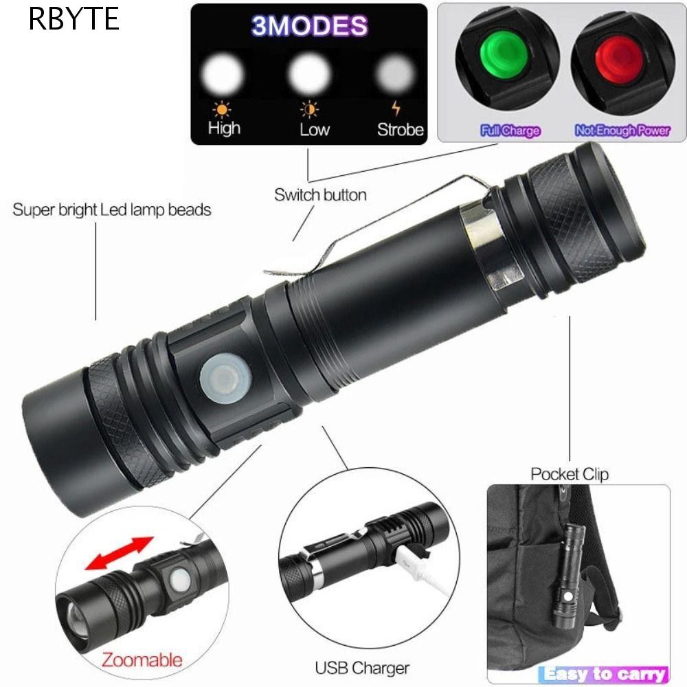 RBYTE T6 ไฟฉายแรงแสง,พร้อมคลิปปากกาอลูมิเนียมอัลลอยด์ Usb Telescopic Zoom ไฟฉายขนาดเล็ก ...