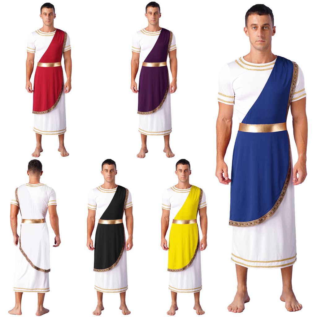 ผู้ชายฮาโลวีนโบราณกรีก Toga แต่งตัวแขนสั้น Retro Roman Robe ชุดคอสเพลย์ ...
