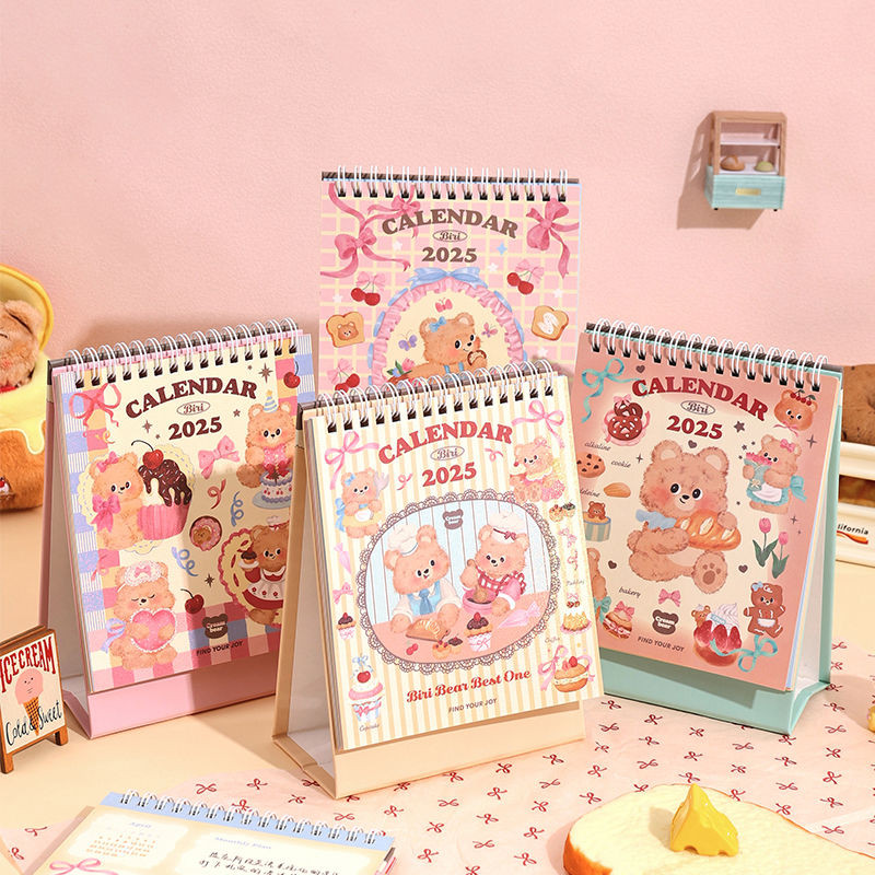 ปฏิทินตั้งโต๊ะการ์ตูนน่ารัก 2025 เครื่องประดับปฏิทิน เดสก์ท็อป นักเรียน Punch-in Planner Notepad ...