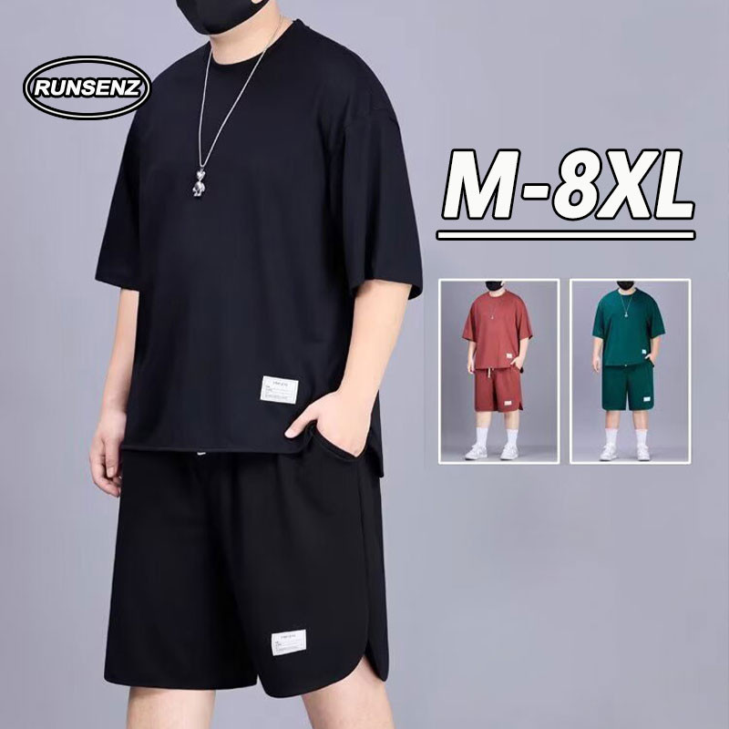 M-8xl ชุดกีฬาสไตล์เกาหลีผู้ชายเสื้อยืดแขนสั้นขนาดบวก + กางเกงขาสั้น | Shopee Thailand