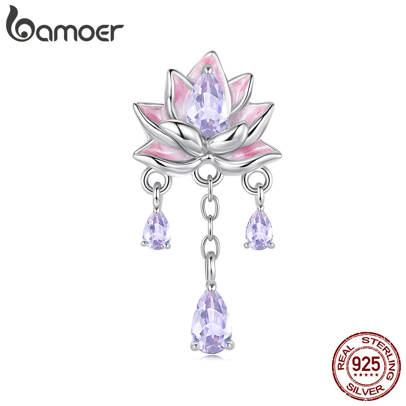 Bamoer 925 Sterling Sliver Charm สีชมพูสีม่วง Lotus พู่ซิลิโคนจี้ DIY สําหรับสร้อยข้อมือของขวัญ ...