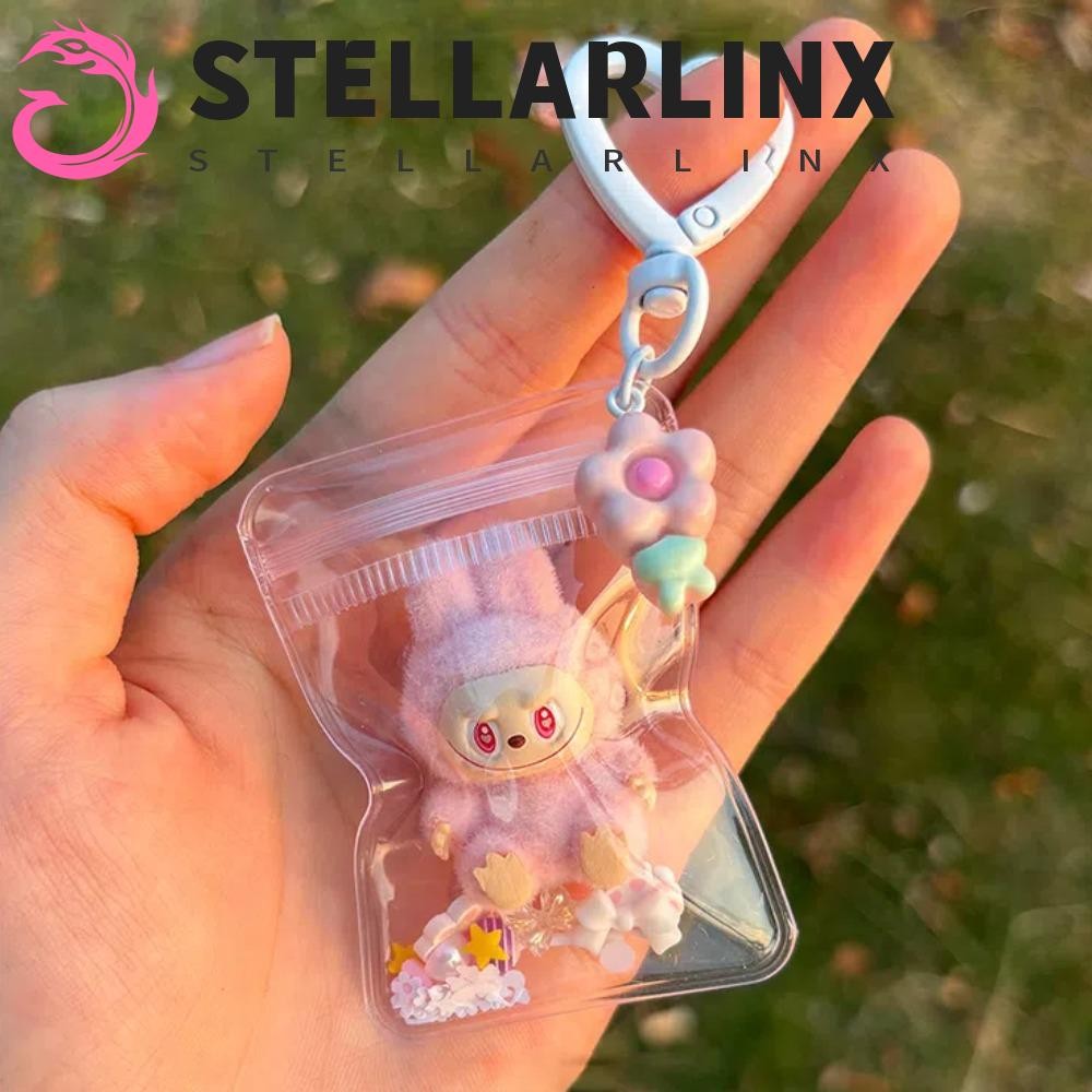 Stellarlinx Flocking Labubu พวงกุญแจ, ซิลิกาเจลกันน้ํานั่งลง Labubu จี้, น่ารักลูกปัดโปร่งใส ...