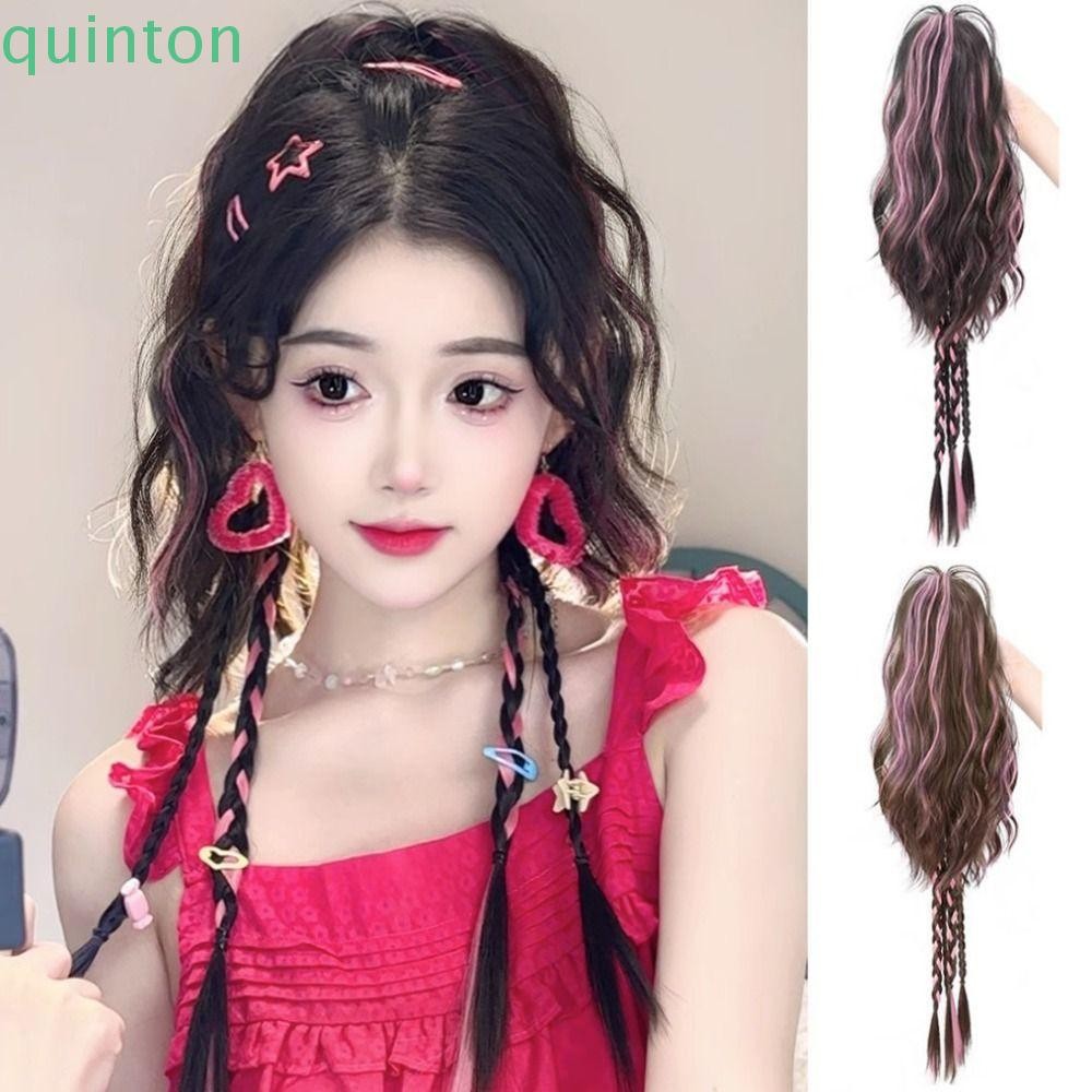 QUITON วิกผมหางม้า,หยักไฮไลท์วิกผม Braid หางม้า, Y2K ต่อผมสังเคราะห์ครึ่งหางม้า Claw คลิปผมหาง ...