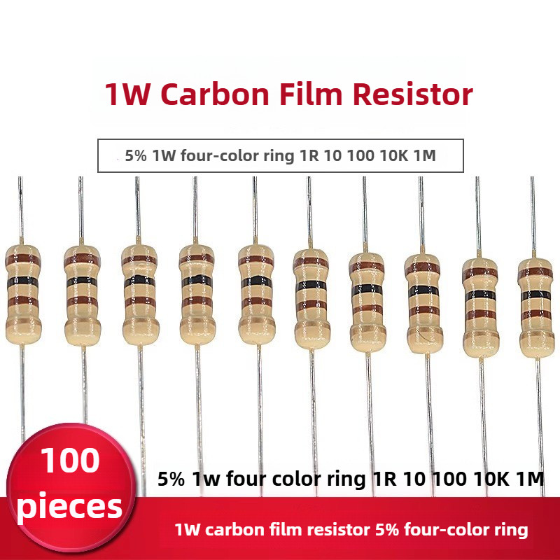 100 ชิ้นตัวต้านทานฟิล์มคาร์บอน 1 วัตต์ 5% 1R-1M 1R 10R 22R 47R 51R 100R 1K 2K 4.7K 10K 22K 47K ...