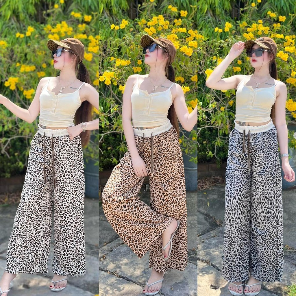 กางเกงพิมพ์ลายเสือ กรามู B64 ผ้าพริ้ว ใส่สบาย ผ้าไม่ยืด มีเชือกรูด มี ...