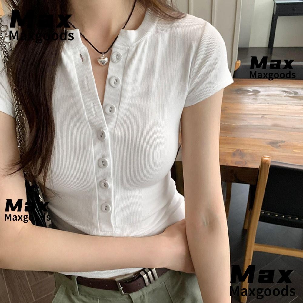 MAXG Summer Top เสื้อยืดด้ายคอกลม กระดุมแฟชั่น เสื้อชั้นในสตรีทรงเข้ารูป | Shopee Thailand