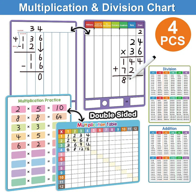 4PCS Dry Erase Multiplication & Division Chart Whiteboard Double Sided ...
