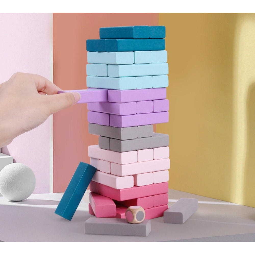 ของเล่น บล็อกไม้ ตัวต่อ Jenga 48 ชิ้น สีมาการอง สีสันสดใส มีลูกเต๋าให้ ...