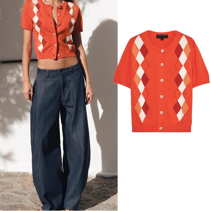 Zara Breasted Diamond Pattern Round Neck Short Sleeve Braided Jacket ...