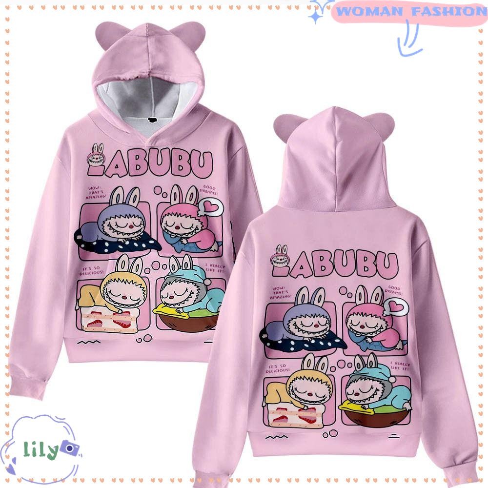 Lily Labubu เสื้อฮู้ด, เสื้อกันหนาวมีฮู้ดสตรีสไตล์ขี้เกียจพิมพ์ลาย ...