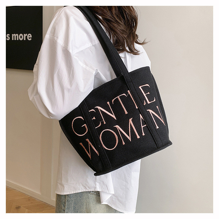 Amila กระเป๋าผ้าใบไหล่เดียวของผู้หญิงความจุขนาดใหญ่แฟชั่นเย็บปักถักร้อยจดหมาย Tote การจับคู่ ...