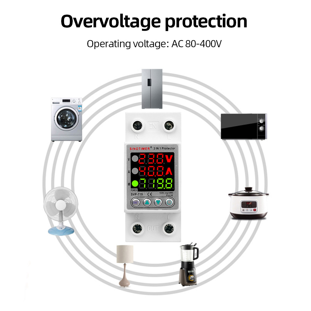 อุปกรณ์ป้องกันไฟเกิน/ไฟตก/กระแสเกิน (Dual) SINOTIMER SVP-719 230V Auto-recovery Under/Over ...