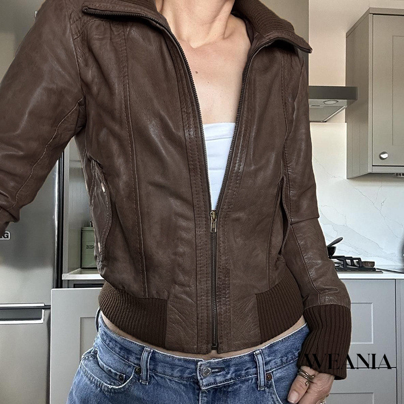Weania Autumn American Retro Spiral Splicing Leather Jacket | Shopee ...