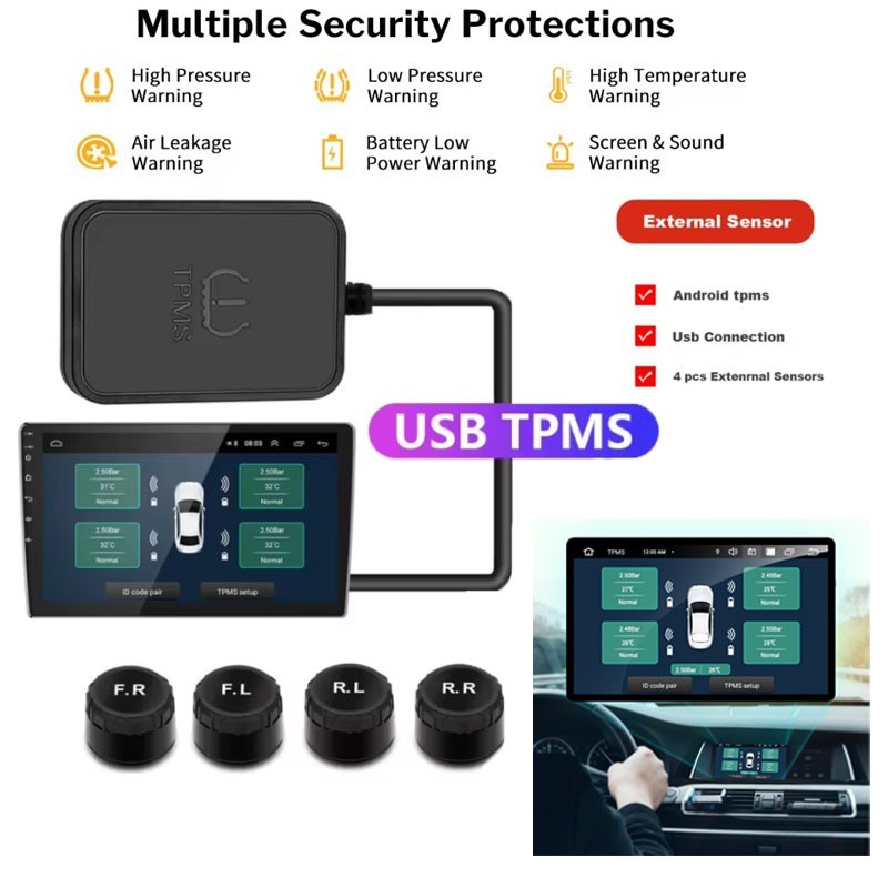 รถ USB TPMS ระบบตรวจสอบความดันยางสําหรับ Android Car Player การตรวจสอบความดันยาง 8 บาร์ 116 psi ...