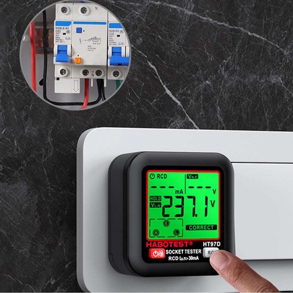 เครื่องตรวจจับเต้ารับ RCD Trip Test ตรวจสอบขั้วจอแสดงผล LCD EU AC30 ...
