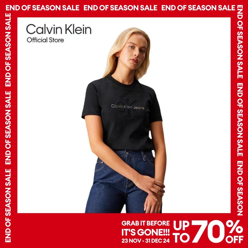 CALVIN KLEIN เสื้อยืดคอกลมแขนสั้นผู้หญิง Organic Cotton Towel Monogram ...