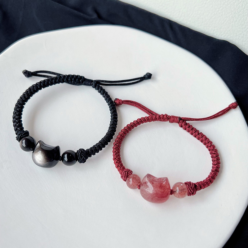 สร้อยข้อมือทอคู่ด้วยเรซิ่นสตรอเบอร์รี่ควอตซ์และ Obsidian Pi Xiu ของขวัญ ...