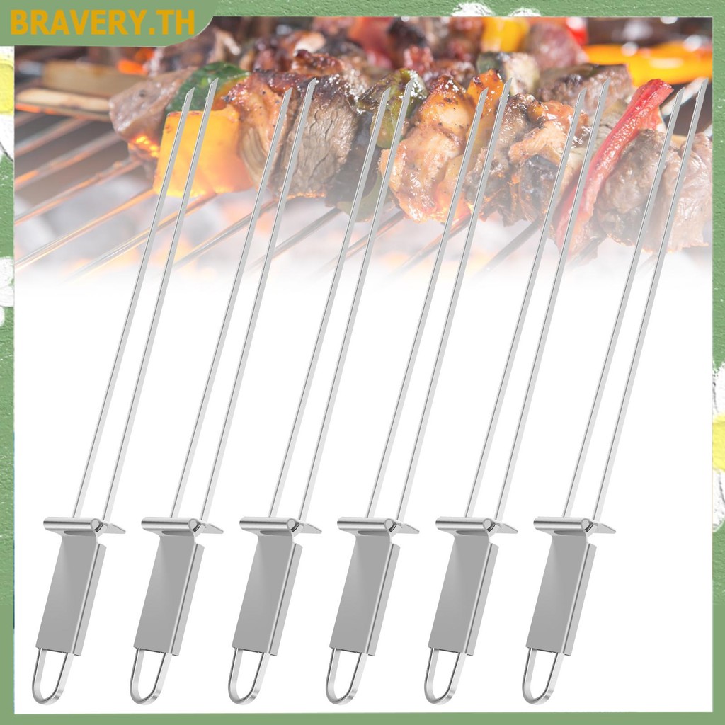 6 ชิ้น Kabob Skewer พร้อม Push Bar Double Pronged สแตนเลส Skewer ...